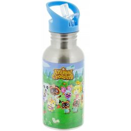 Paladone - Animal Crossing Trinkflasche mit Trinkhalm blau/grün, bedruckt, 100 % Metall, Fassungsvermögen ca. ml.