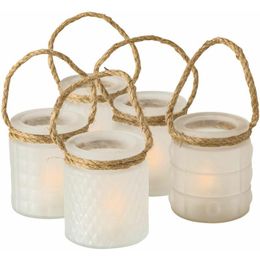 Spetebo - Milchglas Windlicht 9 cm - 5er Set - Kerzenglas mit Kordel zum Hängen - Glas Teelicht Kerzen Halter Tisch Deko Balkon Garten Wohnzimmer