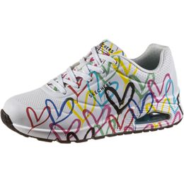 Skechers Uno Sneaker Damen in white durabuck w multi color heart print-mesh trim