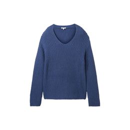 Tom Tailor Damen Strickpullover mit V-Ausschnitt, blau, Uni, Gr. XL