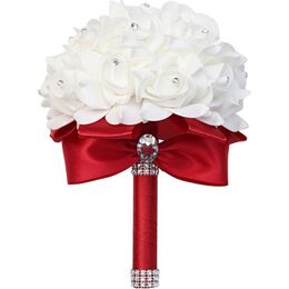 Künstliche Blume mit Rosen, Seidensatinband, Hochzeitsstrauß, Champagner, Brautjungfern, Brautparty, Burgunderrot