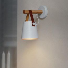 Wandleuchte Innen, Vintage E27 Wandlampe aus Holz Halter, Wandbeleuchtung mit Lampenschirm aus Leder für Schlafzimmer Wohnzimmer Korridor Weiß 1PCS