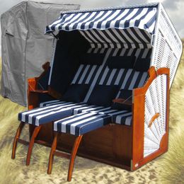 Gardeni Friesland Strandkörbe blau uni Schutzhülle 2x komplette Bezüge xxl Strandkorb - blau gestreift blau uni - weisses Polyrattan