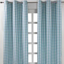 Homescapes - Blau karierter Ösenvorhang im 2er Pack, b 137 cm x l 117 cm - Marineblau