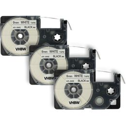 3x Schriftband-Kassette kompatibel mit Casio KL-7200, KL-60, KL-70E, KL-300, KL-7000, KL-7400, KL-200E Etiketten-Drucker 9mm Schwarz auf Weiß - vhbw