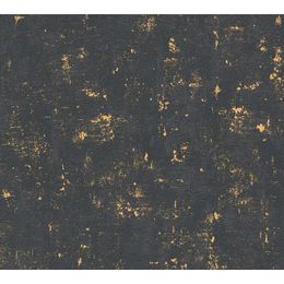 Stein Kacheln Tapete Profhome 230782 Vliestapete leicht strukturiert in Steinoptik matt schwarz gold 5,33 m2 - schwarz