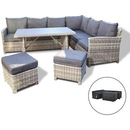Home Deluxe - Polyrattan Sitzgruppe bahia - inkl. Hocker, Tisch mit Glasplatte und Sitzpolster i Loungemöbel, Outdoor Sofa, Garten- & Balkonmöbel