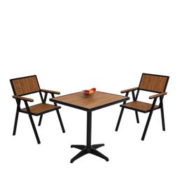 2er-Set Gartenstuhl+Gartentisch MCW-J95, Stuhl Tisch, Gastro Outdoor-Beschichtung, Alu Holzoptik ~ schwarz, teak