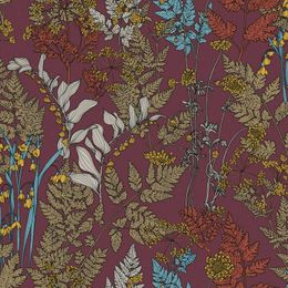 Farn Tapete mit Herbstblumen Florale Wandtapete in Bordeaux für Esszimmer und Schlafzimmer Moderne Vlies Blumentapete - Red, Yellow, Blau, Brown,