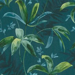 Tropical Tapete in Petrol Grün Palmenblätter Vliestapete in Aquarell Optik für Wohnzimmer und Schlafzimmer Blätter Ranken Wandtapete mit Vinyl