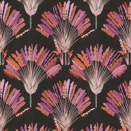 80er Jahre Tapete schwarz pink rot Palmen Vliestapete dunkel für Wohnzimmer und Schlafzimmer Vlies Mustertapete mit Feder Design als Palmenblätter