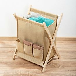 DEKO Wäschekorb Natur aus Holz & Baumwolle mit 3 extra Fächer, Wäschesammler