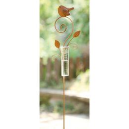 Dekoleidenschaft - Gartenstecker Vögelchen aus Metall im Rost-Design, 108 cm hoch, mit Glas Regenmesser, Niederschlagsmessung, Dekostecker,