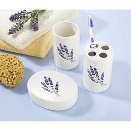 DEKO 3 tlg. Badset mit Lavendel Motiv, Bad Zubehör Set, Seifenschale, Zahnputzbecher, Zahnbürstenhalter