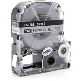Schriftband-Kassette kompatibel mit KingJim SR530C, SR550, SR530, SR6700D, SR3900P, SR950, SR750, SR40 Etiketten-Drucker 9mm Schwarz auf Silber - vhbw