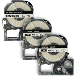vhbw 3 x Kassette Patronen Schriftband 9mm kompatibel mit KingJim SR3900C, SR3900P, SR40, SR530, SR530C, SR550, SR6700D, SR750, SR950 Ersatz für LC-3WBN,