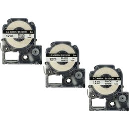 vhbw 3 x Kassette Patronen Schriftband 12mm kompatibel mit KingJim SR3900C, SR3900P, SR40, SR530, SR530C, SR550, SR6700D, SR750, SR950 Ersatz für LC-4WBN,