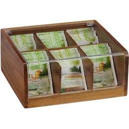 Teebox Holz, 6 Fächer, 90 Teebeutel, Teedose mit Klappdeckel, Aromaschutz, HxBxT 9,5 x 22 x 20,5 cm, natur - Relaxdays