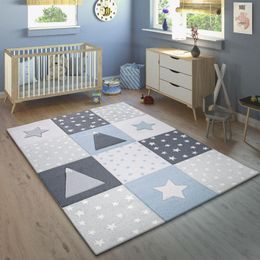 Kinderteppich Kinderzimmer Teppich Kurzflor Sterne Punkte Berge Blau Weiß Grau 120 cm Rund - Paco Home