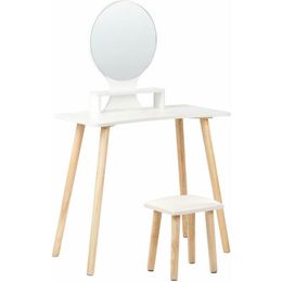 Beliani Schminktisch Set Weiß Holzplatte Holzbeine runder Spiegel - Weiß