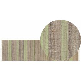 Beliani Teppich Beige / Grün Jute 80 x 300 cm Rechteckig Natürlich Handgewebt Streifenmuster Boho Fußbodenheizug Geeignet Läufer Wohnzimmer Flur - Beige