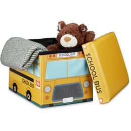 Relaxdays Faltbare Spielzeugkiste Schulbus hbt 32 x 48 x 32 cm stabiler Kinder Sitzhocker als Spielzeugbox aus Kunstleder mit Stauraum ca. 37 l und Deckel zum