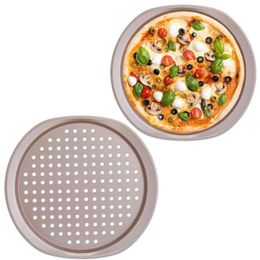 Pizzablech, 2er Set, d: 29,5 cm, Knusperblech mit Löchern, mit Griffen, Pizza & Flammkuchen, Stahl, braun - Relaxdays