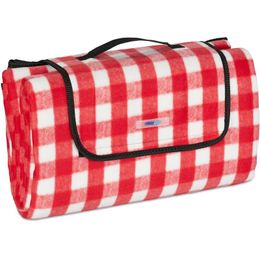 Relaxdays - xxl Picknickdecke, 200 x 200 cm, Fleece Stranddecke, wärmeisoliert, wasserdicht, mit Tragegriff, rot/weiß