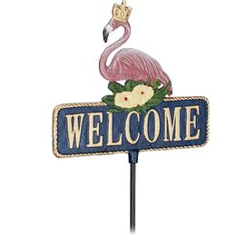 Gartenstecker Welcome, Gusseisen, HxB: 92 x 26,5 cm, Flamingo Design, Willkommensschild für draußen, bunt - Relaxdays