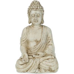 Buddha Figur sitzend, wetterfest, frostsicher, Gartenstatue, Zen Dekofigur hbt: 17,5 x 10,5 x 7,5cm, cremeweiß - Relaxdays