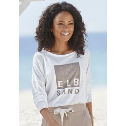 ELBSAND Langarmshirt weiß Gr. L (40) für Damen. Rundhals und Logodruck, Druck. Figurumspielend. Nachhaltig.