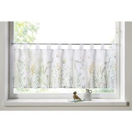 Fenstervorhang Blumenwiese 45x135 cm, transparent mit Blumen, Scheibengardine mit Schlaufen