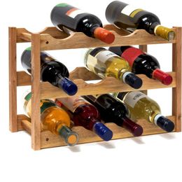 Weinregal klein, Flaschenregal mit 3 Ebenen für 12 Flaschen Wein, h x b x t: 28 x 42,5 x 21 cm, natürlich - Relaxdays