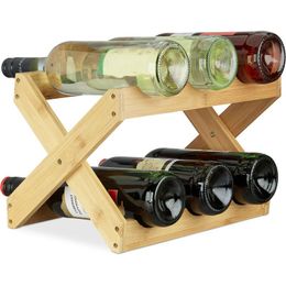 Weinregal Bambus, x Shape, 6 Flaschen, Landhaus-Stil, klein, Flaschenregal faltbar, hbt 22 x 36 x 20 cm, natur - Relaxdays