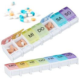 Tablettenbox, 2er Set, 7 Tage, 1 Fach, BPA-freier Kunststoff, wöchentliche Medikamentenbox, Pillendose, bunt - Relaxdays