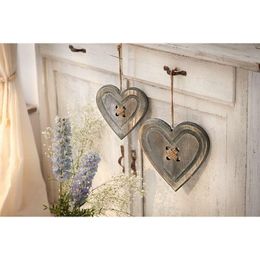 Dekoleidenschaft - 2 Herzhänger Knopf aus Holz, grau, romantische Dekohänger