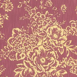 Textil Vliestapete mit Blumen Florale Tapete in Rot Gold für Wohnzimmer und Esszimmer Vlies Textiltapete mit Blumenmuster im Barock Stil - Gold, Red