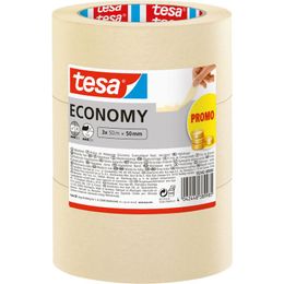 Tesa Malerband economy - Vielseitiges Klebeband für Malerarbeiten ohne Lösungsmittel - Bis zu 4 Tage nach Gebrauch rückstandslos entfernbar, 3x 50 m x 50