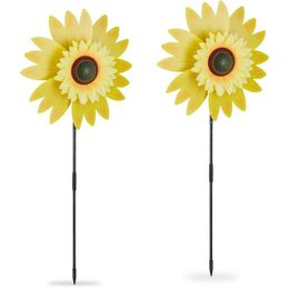 Relaxdays - Windrad Sonnenblume, 2er Set, h x b x t: 76 x 29 x 8 cm, Doppel-Windrad für Garten & Balkon, zum Stecken, gelb