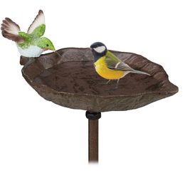 Relaxdays - Gusseisen Vogeltränke zum Stecken, mit Erdspieß, Gartendeko, Vogelfutterstelle, Wasserschale, 1 m hoch, braun