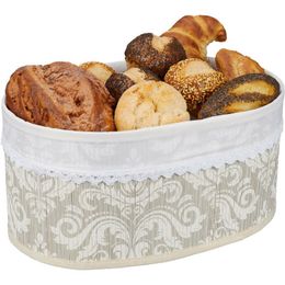 Brotkorb, aus Bambus, mit Stoffeinsatz, florales Muster, für Brot & Brötchen, ovaler Frühstückskorb, grau/weiß - Relaxdays