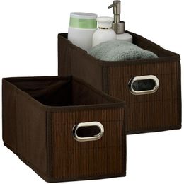 Relaxdays 2x Aufbewahrungskorb Bambus, Badkörbchen rechteckig, Regalkorb schmal, Badbox, hbt: 14 x 15 x 31 cm, faltbar, braun