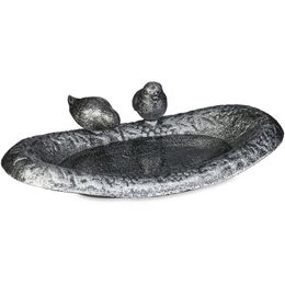 Relaxdays - Vogeltränke Gusseisen, Gartendeko, HxBxT: 6,5 x 24 x 12,5 cm, Vogelfutterstelle, Wasserschale Vogelbad, silber