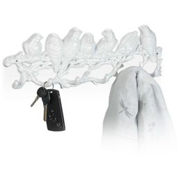 Garderobenleiste Vogel, Gusseisen, HxBxT: 13 x 36,5 x 4,5 cm, 6 Garderobenhaken, antikes Schlüsselbrett, weiß - Relaxdays