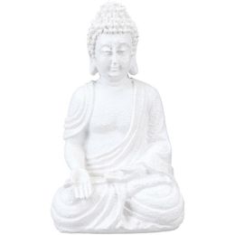 Buddha Figur sitzend, 17,5 cm hoch, Garten Dekofigur, wetterfest & frostsicher, Dekoskulptur Wohnzimmer, weiß - Relaxdays