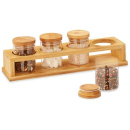 Gewürzbehälter Set, 4 Gewürzgläser, inkl. Deckel, Glas & Bambus, Zuckerdosen mit Halterung, natur/transparent - Relaxdays