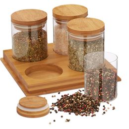 Gewürzbehälter Set, 4 Gewürzgläser, inkl. Deckel, Glas & Bambus, Zuckerdosen mit Tablett, natur/transparent - Relaxdays