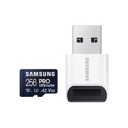 Samsung Pro Ultimate MicroSD Speicherkarte (256 GB, 200 MB/s Lesegeschwindigkeit, mit USB-Kartenleser), blau