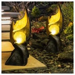 Globo LED Solar Flamme Solarlampen für Außen Garten Dekoration Solarleuchte mit Flammeneffekt, gold braune Skulptur mit bezauberndem Lichteffekt, 1x LED warmweiß, H 36 cm, 2er Set