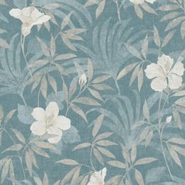 Tropical Tapete floral Hibiskus Vliestapete mit tropische Blätter Muster in Grau Blau Dschungel Wandtapete aus Vlies und Vinyl für Schlafzimmer